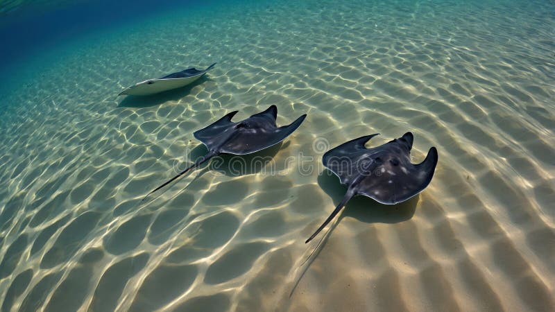 Three Rays Swimming Gracefully Over a Sandy Ocean Floor Stock ...