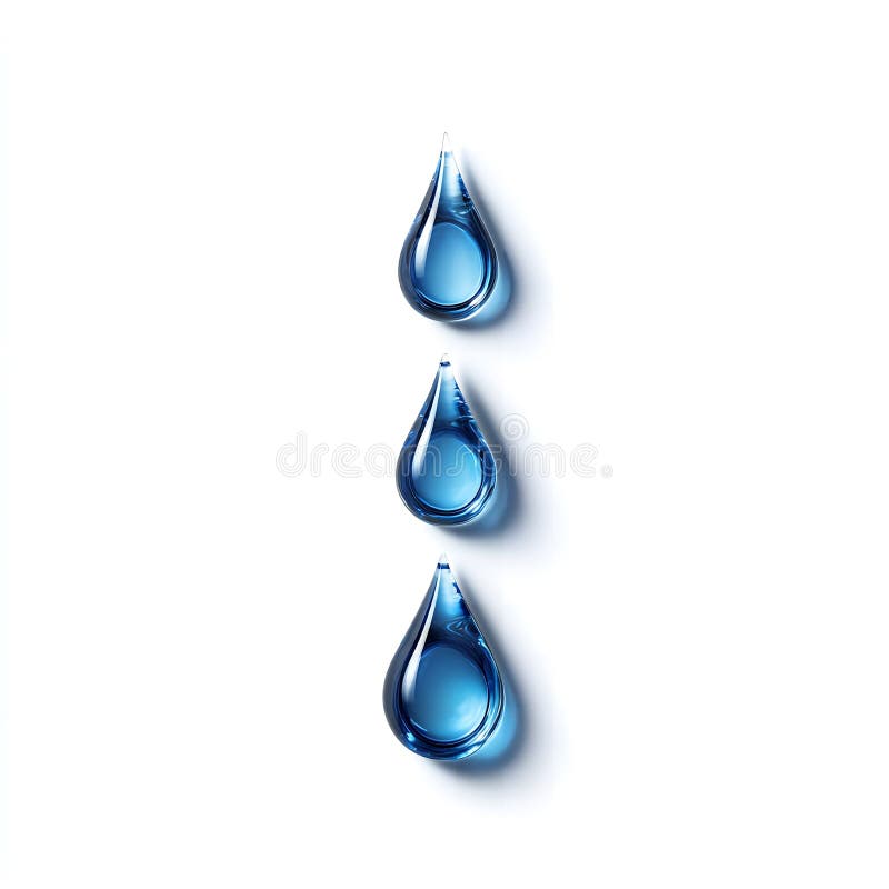 Three Realistic Blue Water Drops Falling Down White Background Pure ...