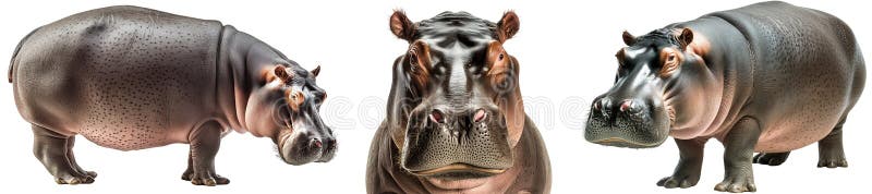 Three Realistic Hippopotamuses Shown from Different Angles and Poses ...