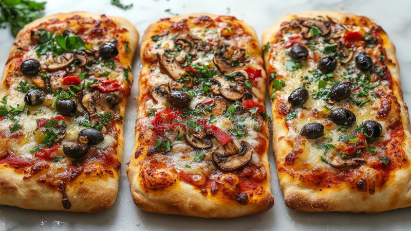 Three Rectangular Pizzas with Toppings on a Table. Stock Image - Image ...