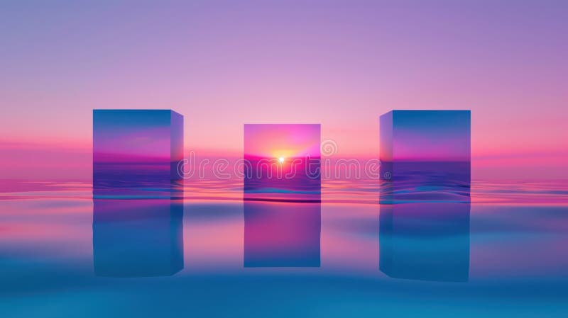 Three Rectangular Prisms Reflecting a Sunset Sky Over a Body of Water ...