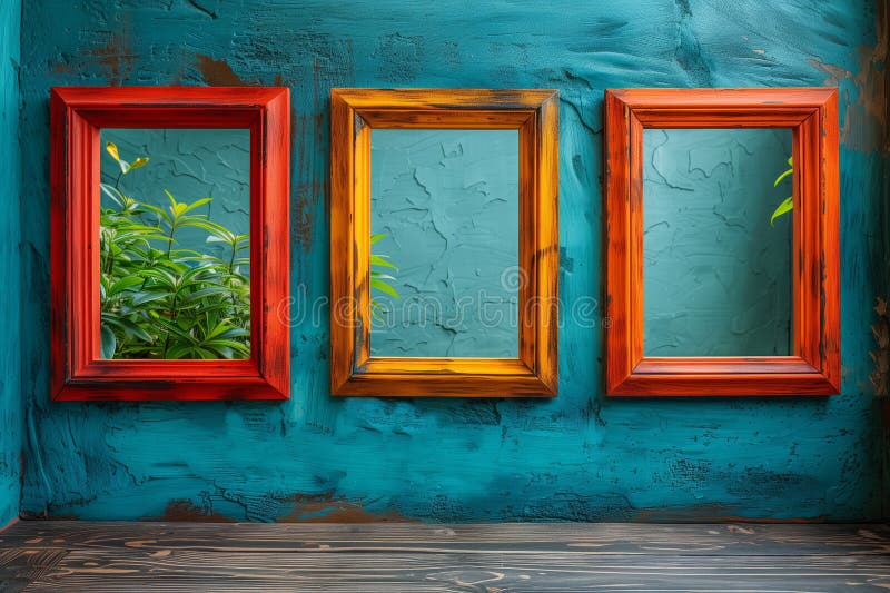 Three Rectangular Wooden Frames Decorate a Blue Wall Stock Image ...