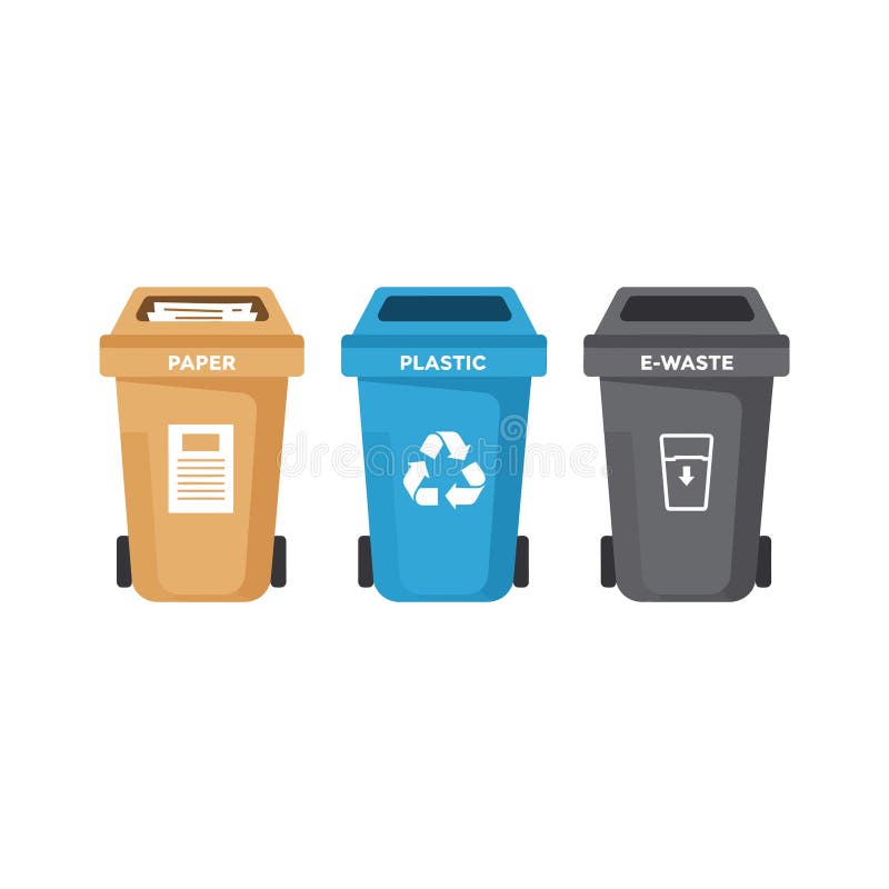 Three Recycling Bins for Paper Plastic and E Waste in Flat Minimal ...