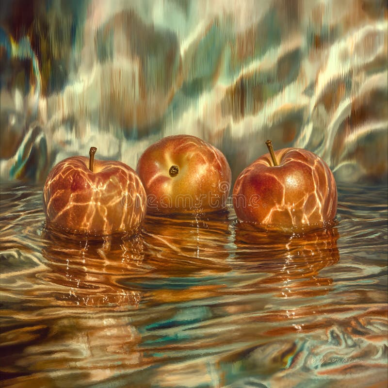 Three Red Apples Float in Shallow Rippling Water with Golden ...