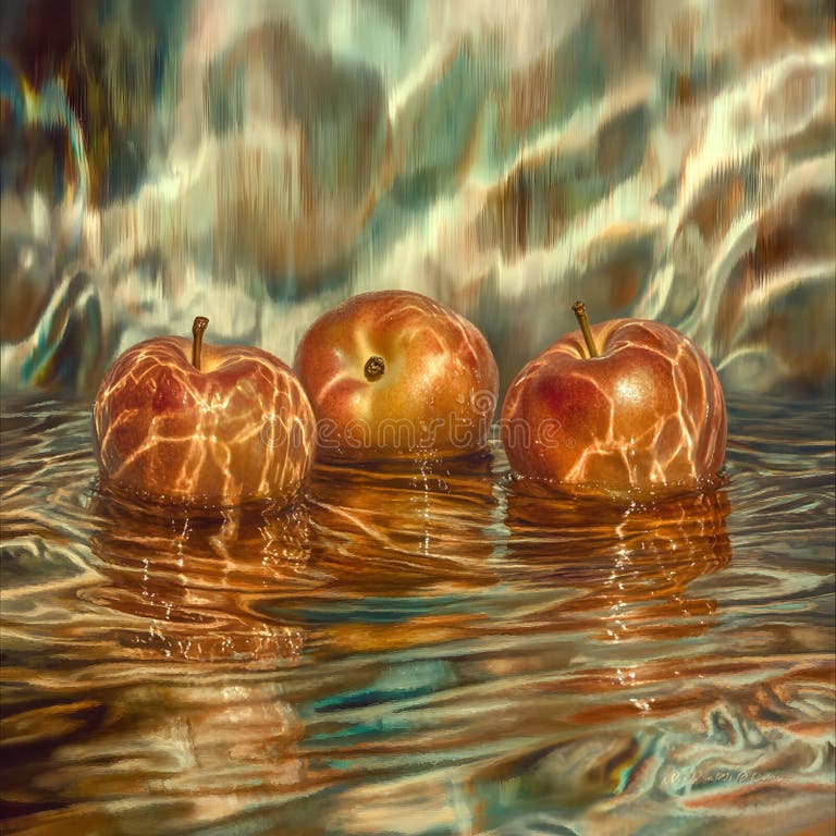Three Red Apples Float in Shallow Rippling Water with Golden ...