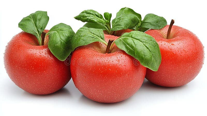 Three Red Apples with Green Leaves on a White Background Stock ...