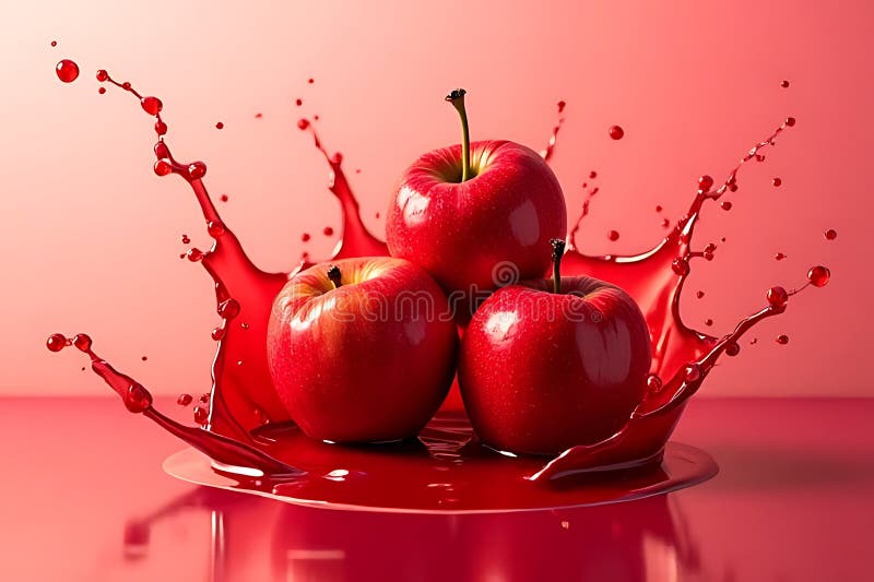 Three Red Apples with a Red Liquid Splash Against a Red Background ...