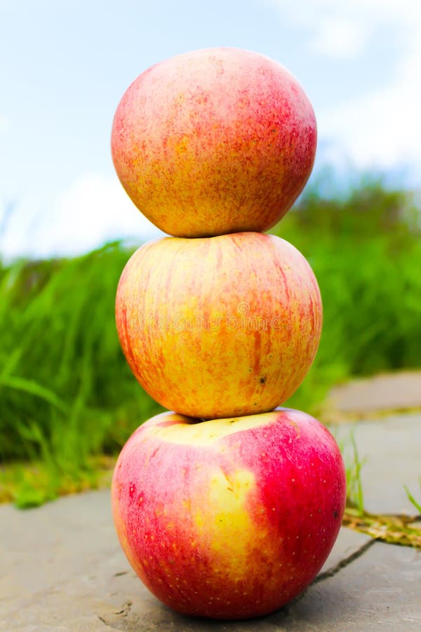 Three red apples pyramid stock image. Image of road - 117446265