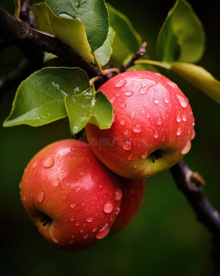 Three Red Apples on a Tree Covered with Dew Drops Stock Illustration ...
