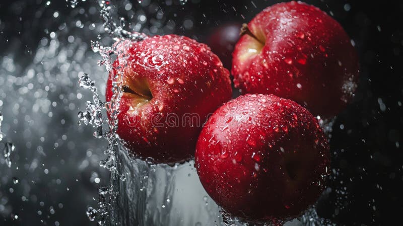 Three Red Apples with Water Splashes in Dramatic Lighting Stock Image ...