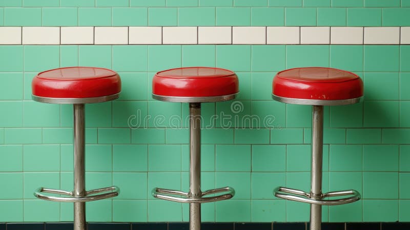 Three Red Bar Stools with Chrome Legs Lean Against a Green Tiled Wall ...