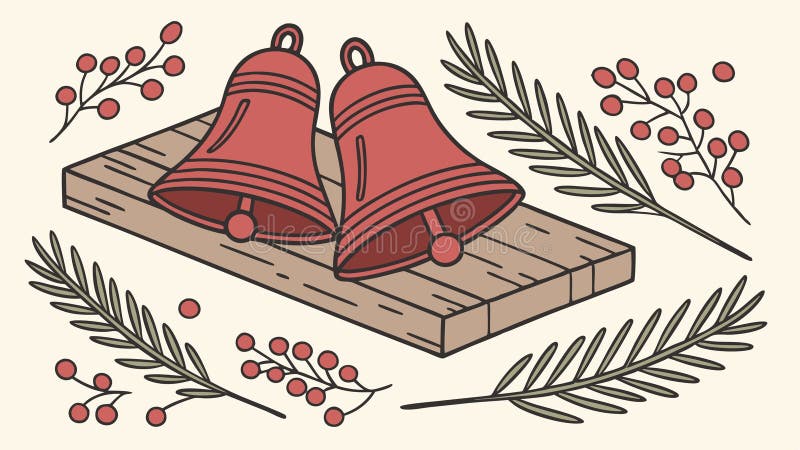 Three Red Bells Sit on a Wooden Surface. Surrounded by Evergreen ...
