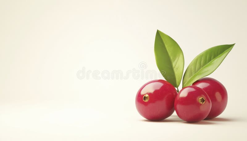 Three Red Berries with Green Leaves on White Background Stock ...