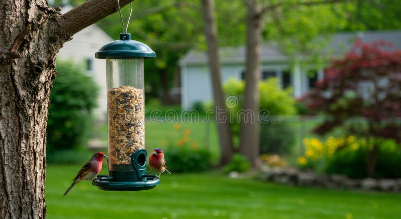 Three Red Birds on a Bird Feeder in a Lush Green Garden Stock Photo ...
