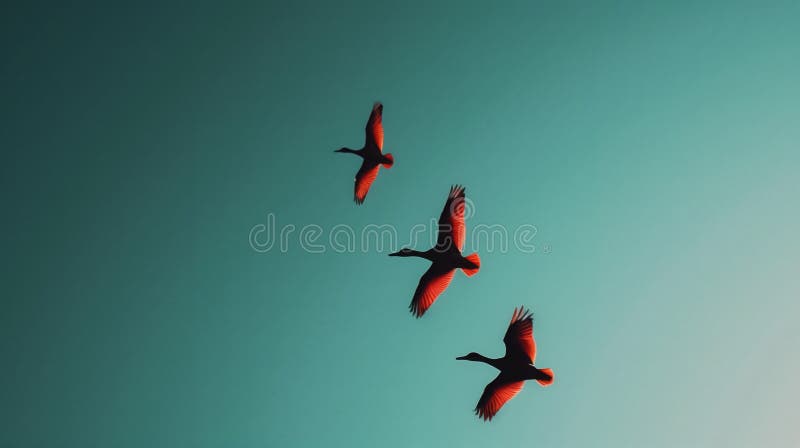 Three Red Birds Soar in a V-shaped Pattern Stock Illustration ...