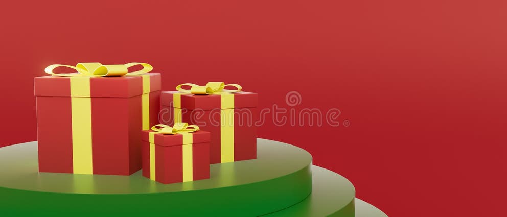 Three Red Boxes with Yellow Bows on Top of a Green Platform, 3d Render ...