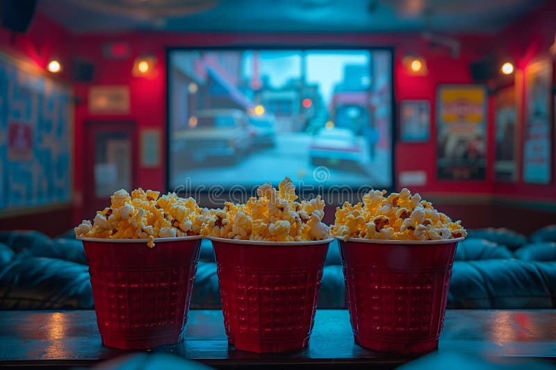 Three Red Buckets Filled with Popcorn Sitting on a Table Stock Image ...