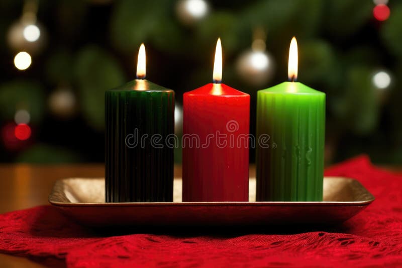 Three Red Candles, One Black, Three Green in a Kinara Stock Image ...