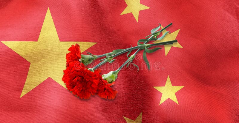 Three Red Carnations Lying on the Flag of China Stock Photo - Image of ...