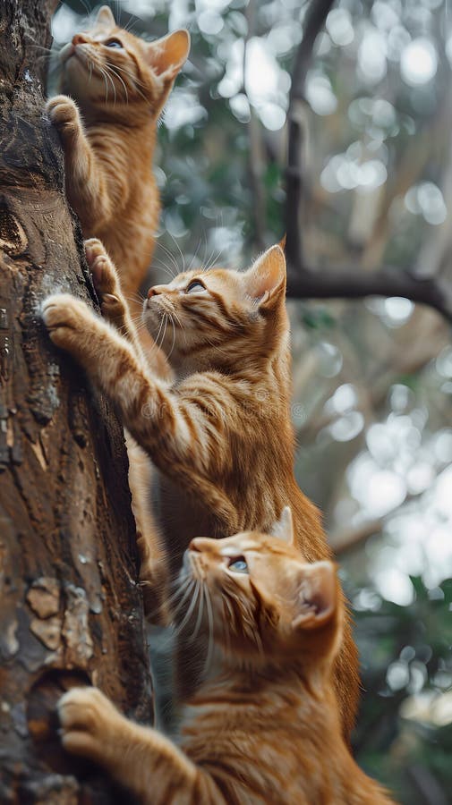 Three Red Cats Climbing a Tree Trunk in a Forest during Daylight Stock ...