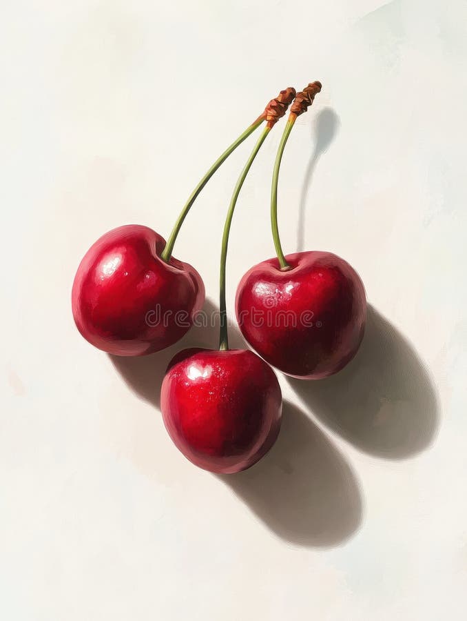 Three Red Cherries on Light Beige Surface with Natural Lighting Stock ...