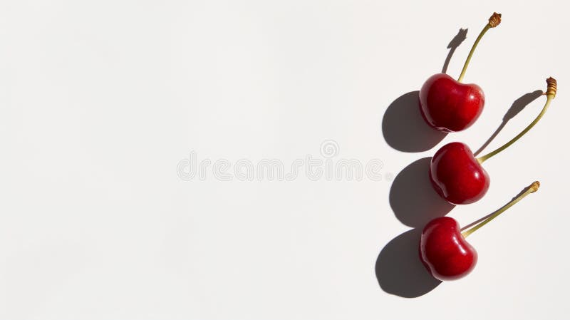 Three Red Cherries with Long Stems Casting Shadows on a White ...