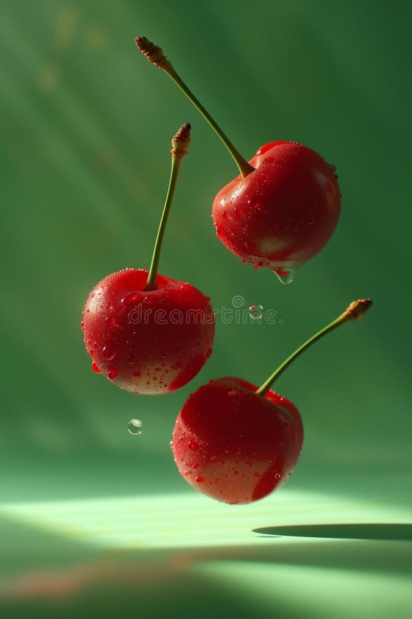Trio of Cherries with Shadows on Green Surface Stock Illustration ...