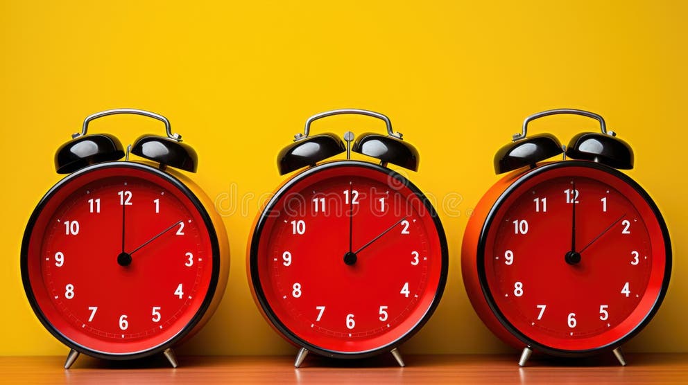 Three Red Clocks on a Yellow Wall, AI Stock Illustration - Illustration ...