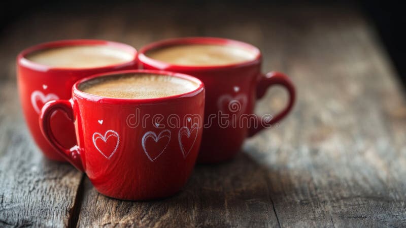 Three Red Coffee Mugs with White Heart Designs on Dark Rustic Wood ...