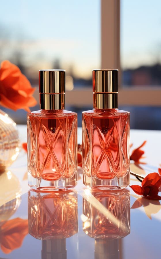 Three Red Cosmetic Bottles on a Table Stock Image - Image of spray ...