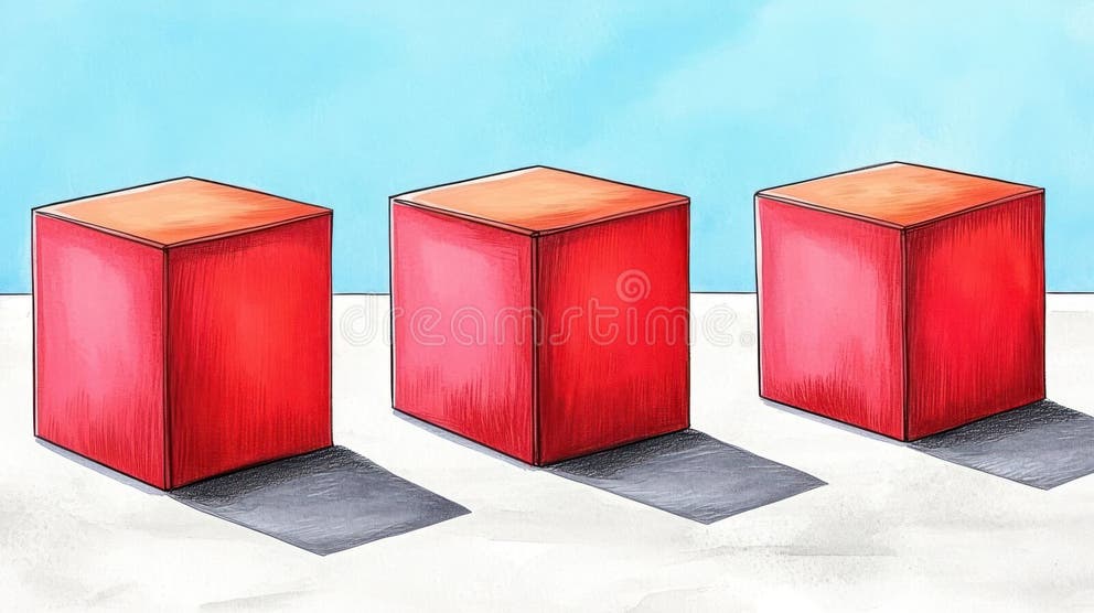 Three Red Cubes Arranged in a Row Casting Shadows on White Surface ...