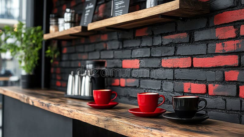 Three Red Cups of Coffee Sit on a Wooden Counter in Front of a Brick ...