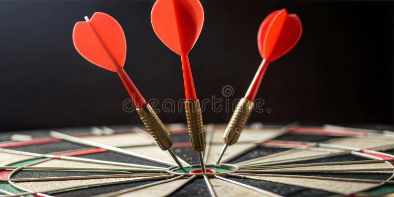 Three Red Darts Aiming at the Bullseye on a Dartboard Stock ...