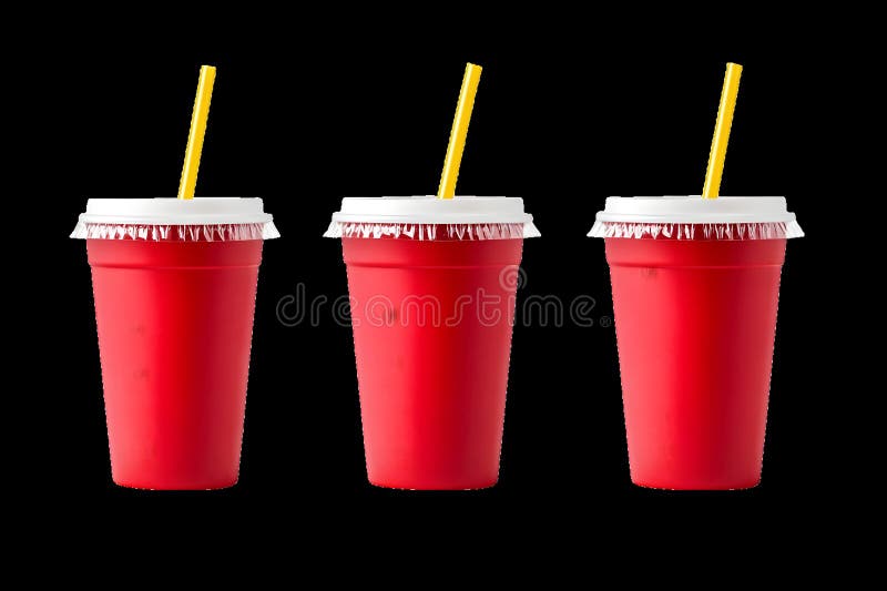 Three Red Disposable Cups with Yellow Straws on White Background Stock ...