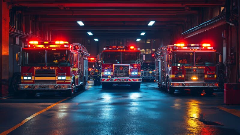 Three Red Fire Trucks with Flashing Lights Parked Inside a Fire Station ...