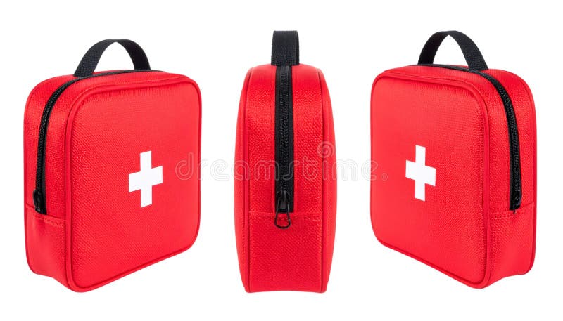 Three Red First Aid Kits Shown from Different Angles, Isolated on ...