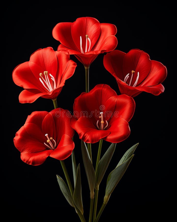 Three Red Flowers are in a Vase on a Black Background Stock ...