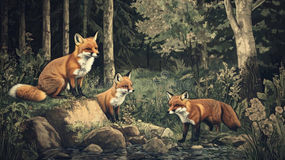 Three Red Foxes by a Forest Creek Stock Illustration - Illustration of ...