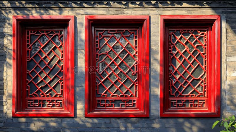 Three Red Framed Windows in a Gray Brick Wall Stock Illustration ...