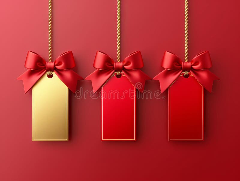 Three Red Gift Tags with Bows Hanging on a Rope Stock Image - Image of ...