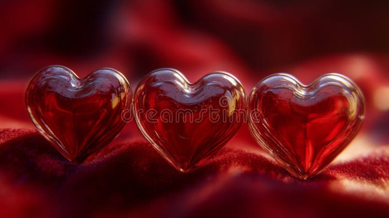 Three Red Glass Hearts Resting on Velvet Stock Illustration ...
