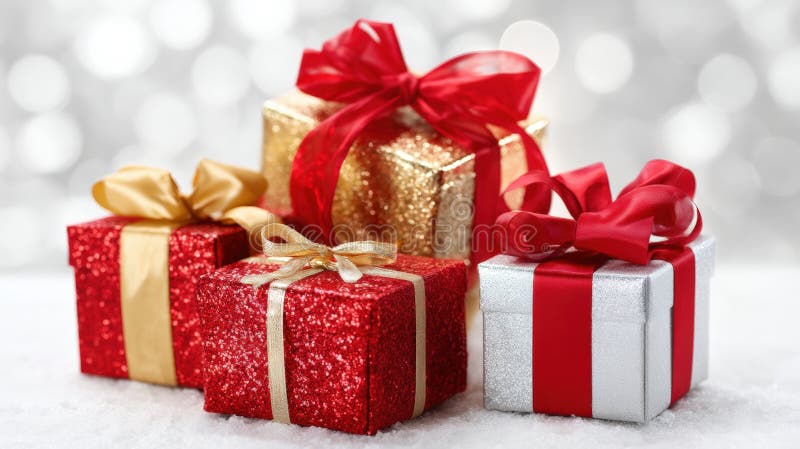 Three Red and Gold Gift Boxes with Decorative Bows and Ribbons on a ...