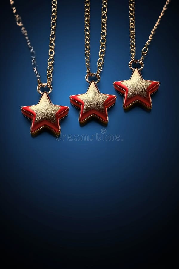 Three Red and Gold Star Pendants Hanging on Silver Chains, Isolated on ...