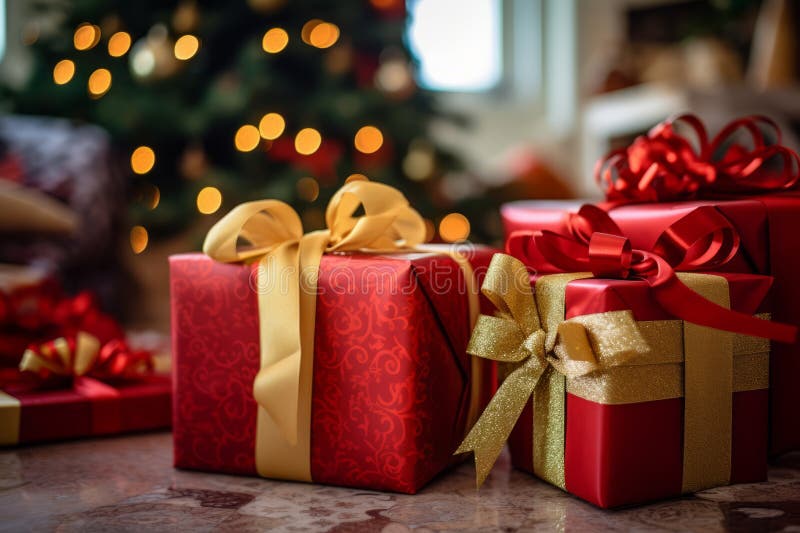 Three Red and Gold Wrapped Presents Sitting on a Table in Front of a ...