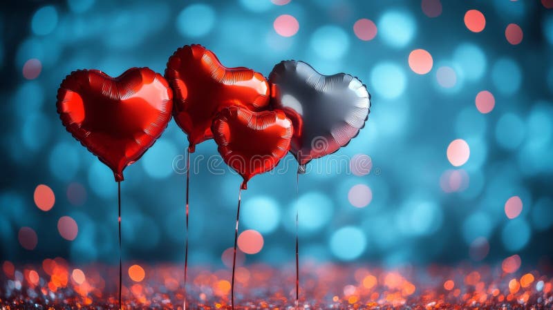 Three Red Heart Balloons and One Silver Heart Balloon Stock ...