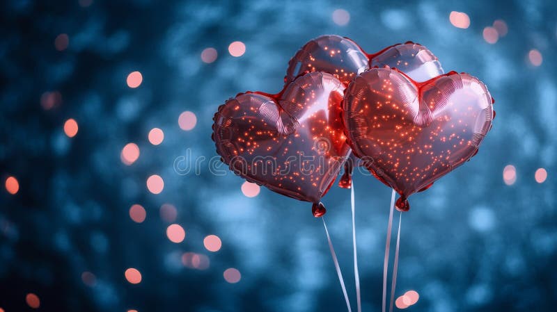 Three Red Heart Shaped Balloons Float Against a Blue Background Stock ...