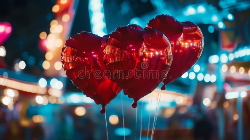 Three Red Heart Shaped Balloons at Night Fair Stock Illustration ...