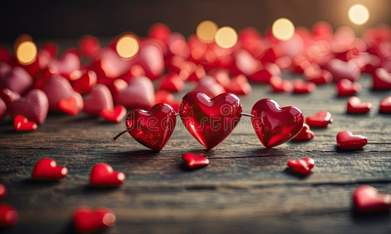 Three Red Hearts are Arranged in a Row on a Wooden Table. Stock ...