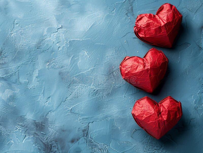 Three Red Hearts Hearts on Blue Background. Top View. Copy Space Stock ...