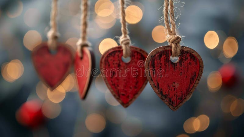 Three Red Hearts Hanging with Lights Background Stock Photo - Image of ...